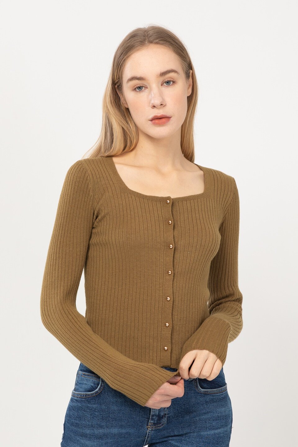 제이마크뉴욕 Square neck cardigan - Olive green A2JMKT0053